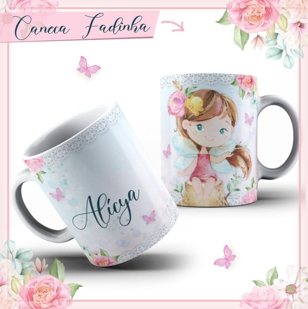Arte Caneca Fadinha Aquarela Personalizada PNG PDF Corel