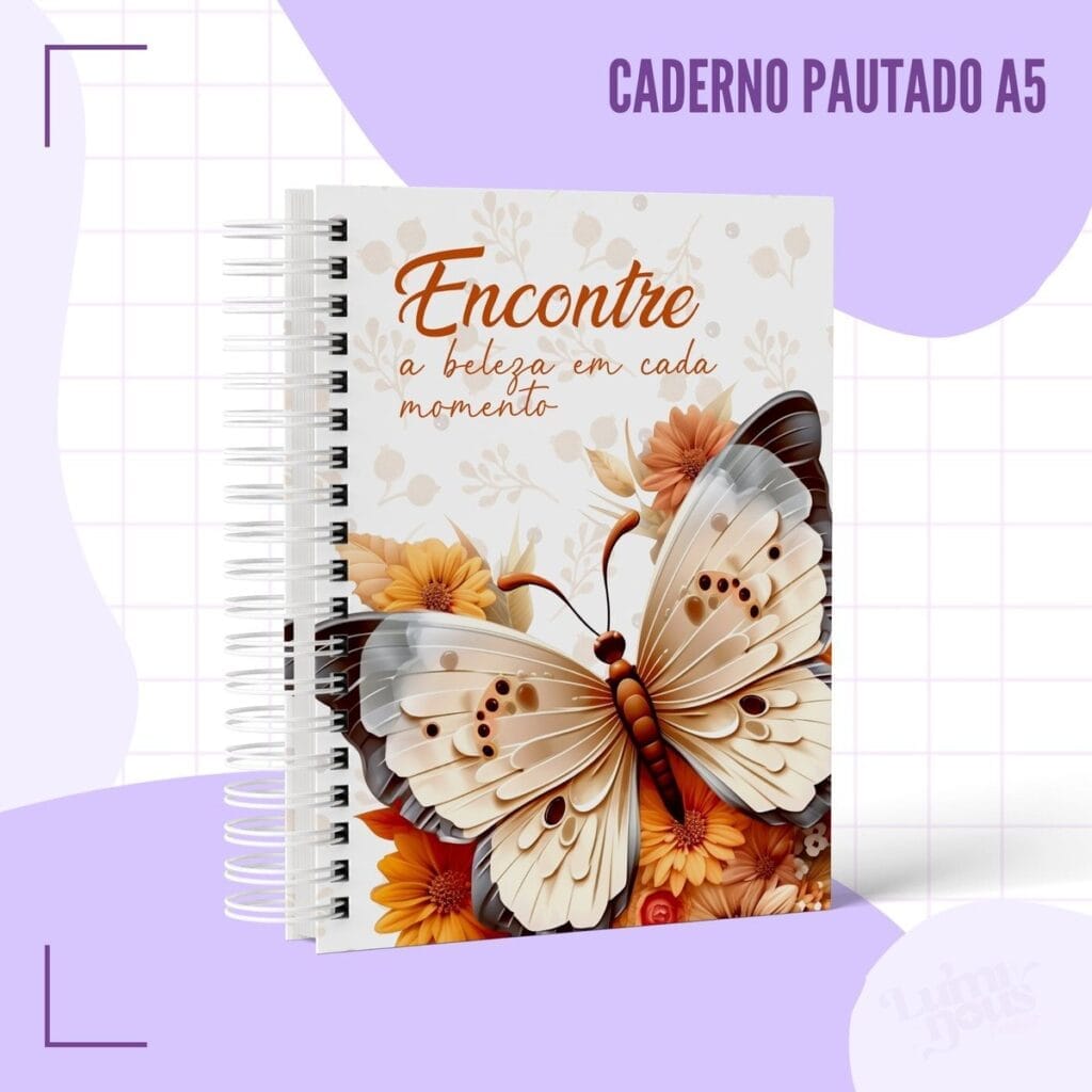 Caderno Pautado Borboleta Branca A5 | Templates Editáveis