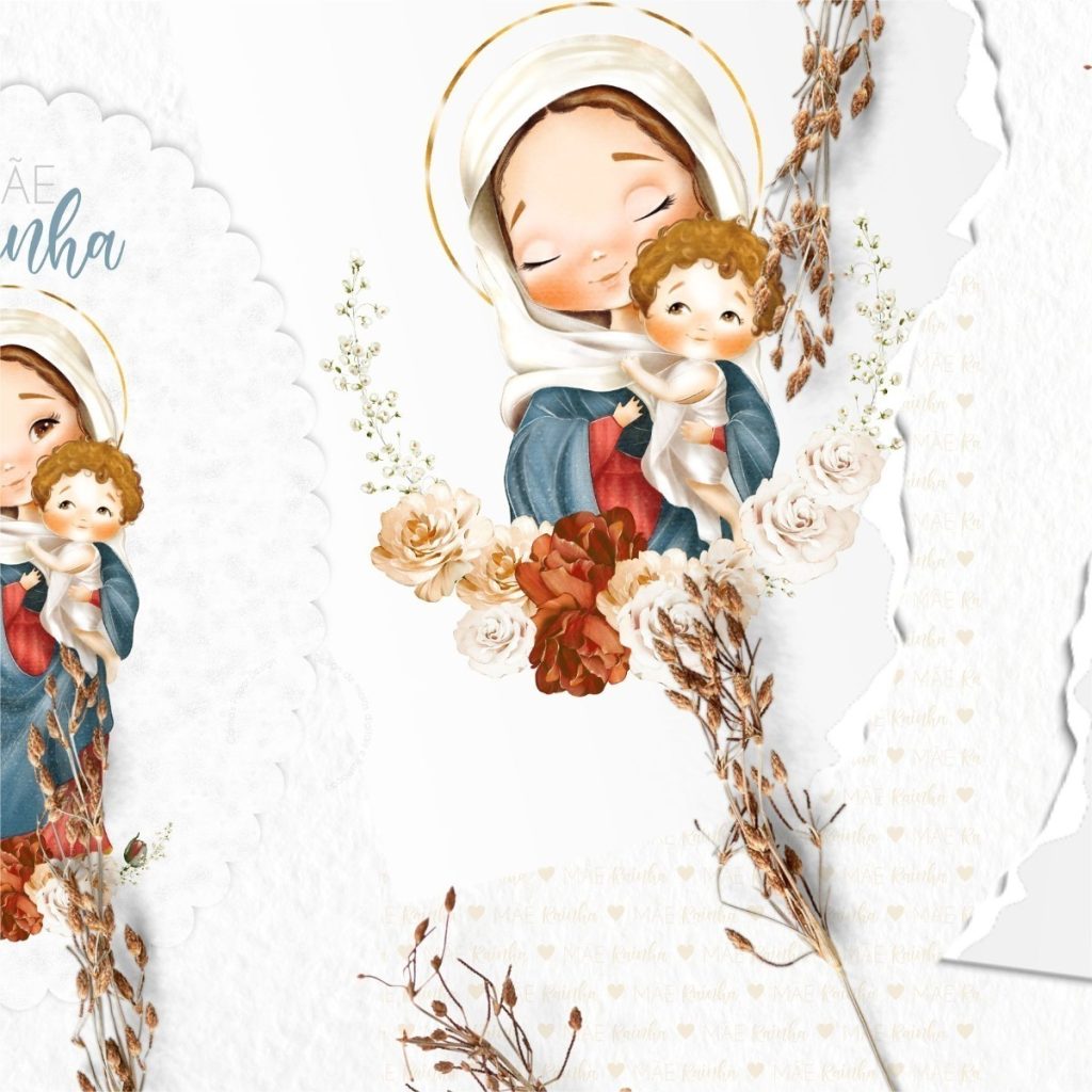 Kit Digital Ilustrações Mãe Rainha Santinhos Católicos Png | Studios Cat