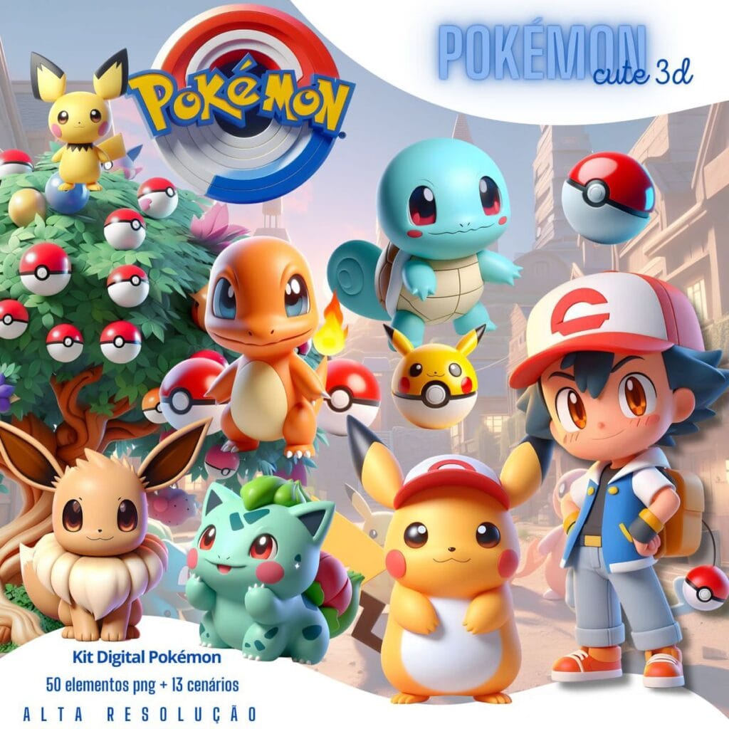 Kit Digital Pokémon Cute 3D Ilustreções Png Sem Fundo | Studios Cat
