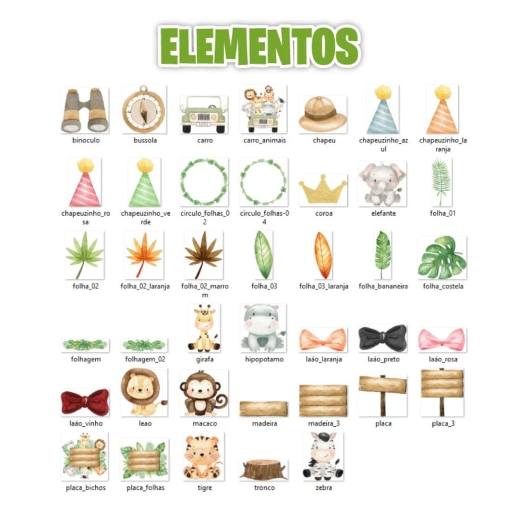 Kit Digital Safari Verde Aquarela Carrinho Animais | Studios Cat