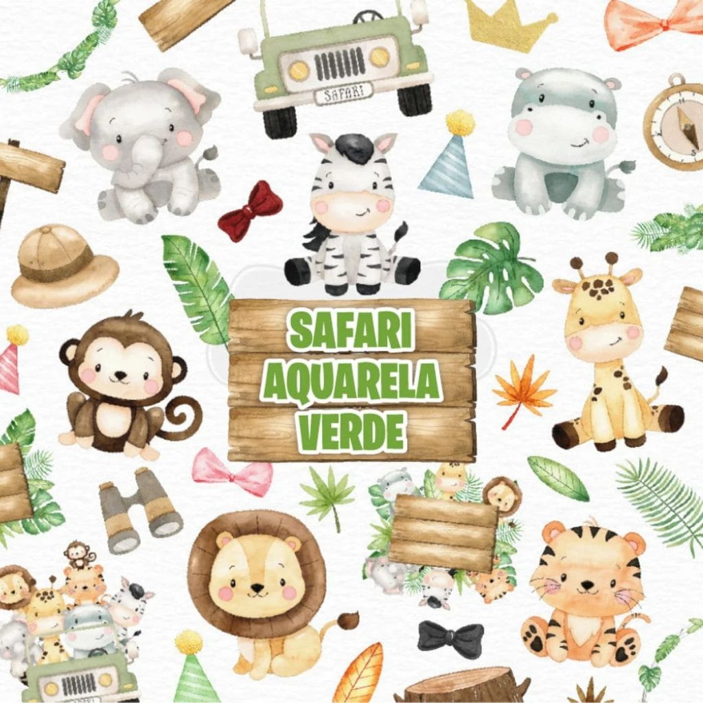 Kit Digital Safari Verde Aquarela Carrinho Animais | Studios Cat