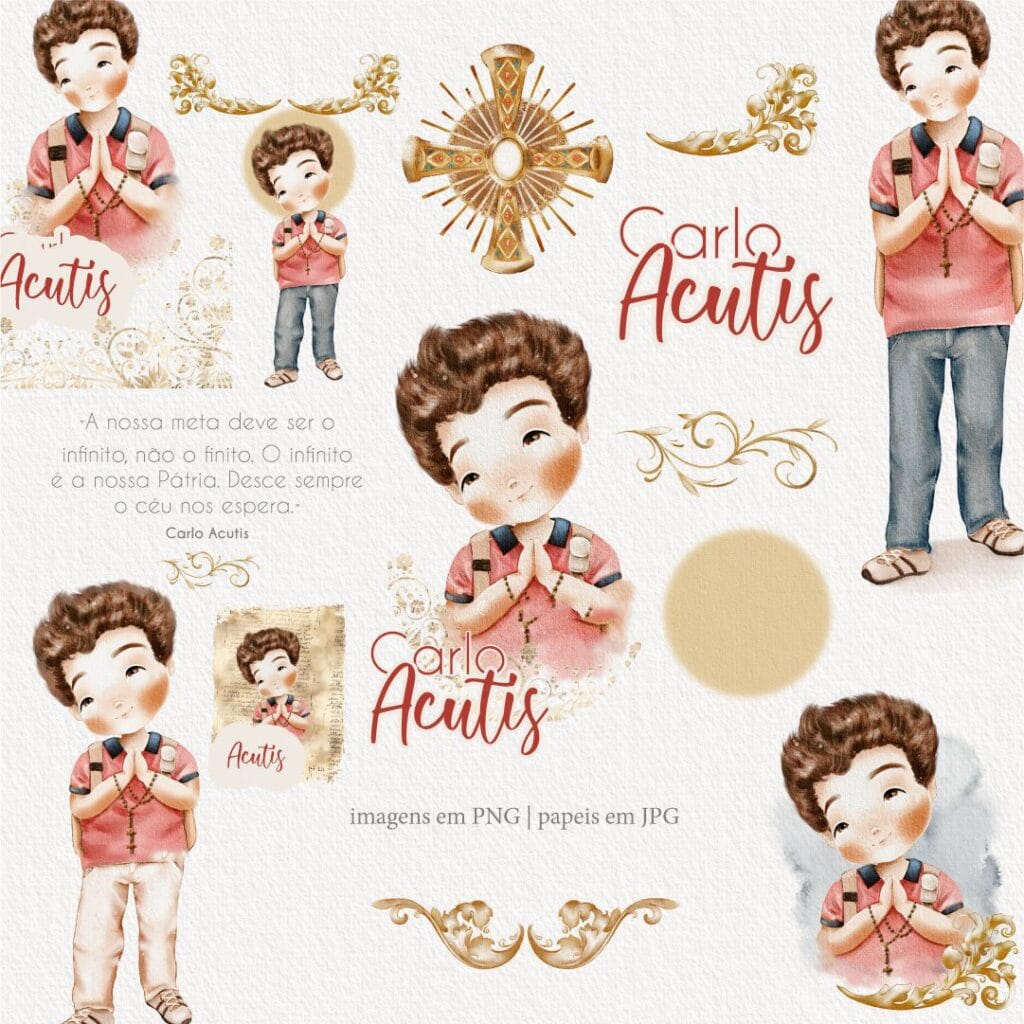 Kit Digital Santinhos Beato Carlo Acutis PNG Aquarelado | Studios Cat