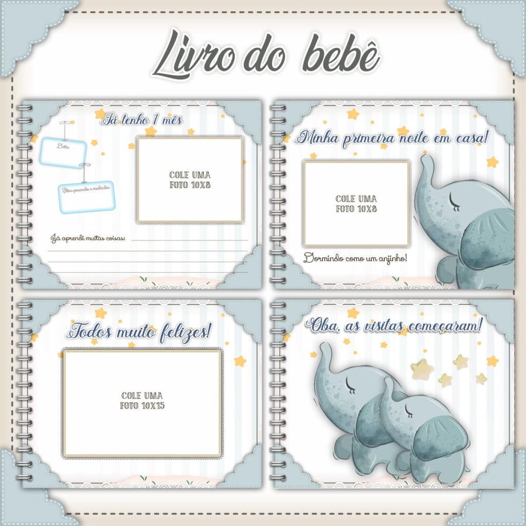 Livro do Bebê Elefantinho Cinza Personalizado - 90 Páginas